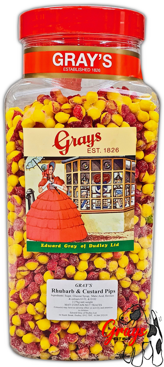 Grays Rhubarb And Custard Pips Large Jar – Teddy Grays